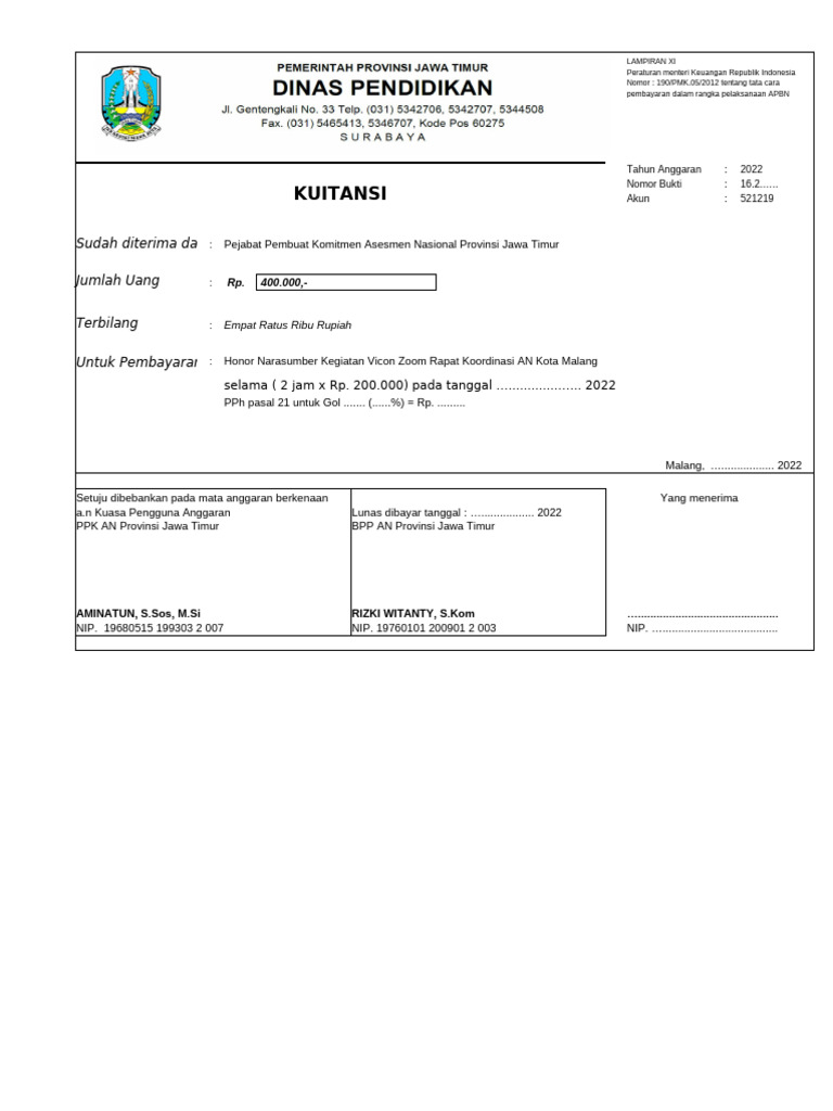 Format Kwitansi Honor Narsum Kabkota | PDF