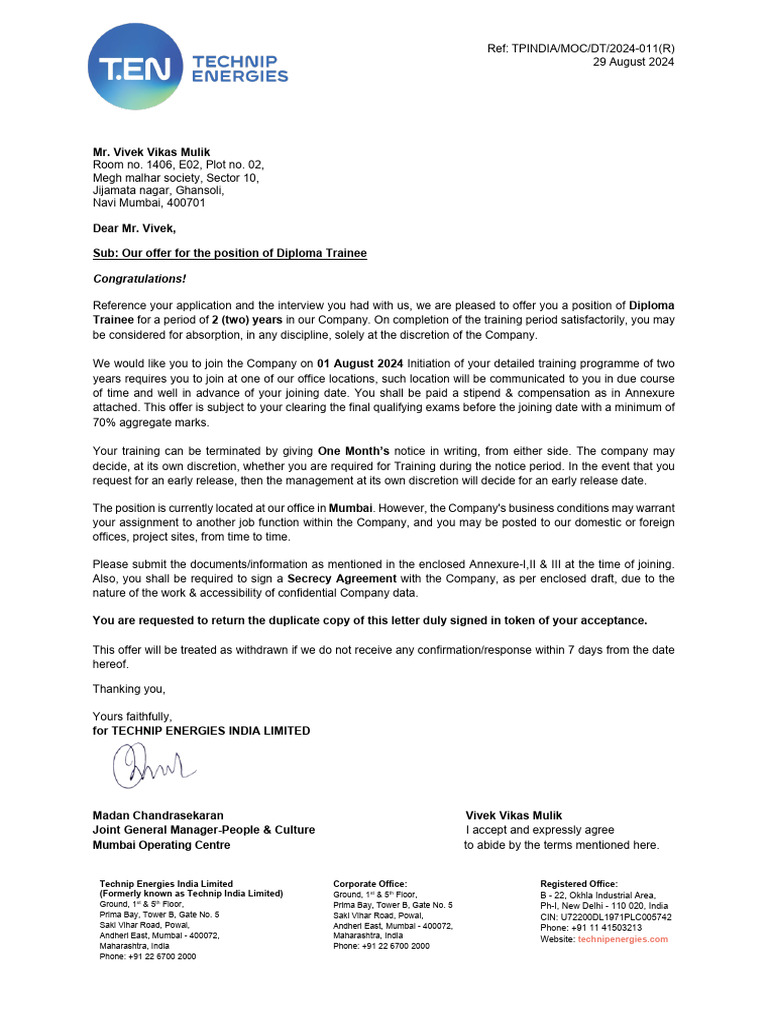 Diploma Trainee Offer Letter - Vivek Vikas Mulik | PDF