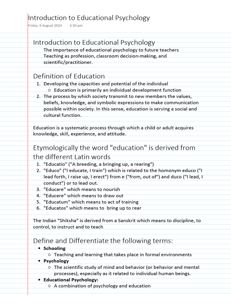 Introduction To Educational Psychology | PDF | Educational Psychology ...