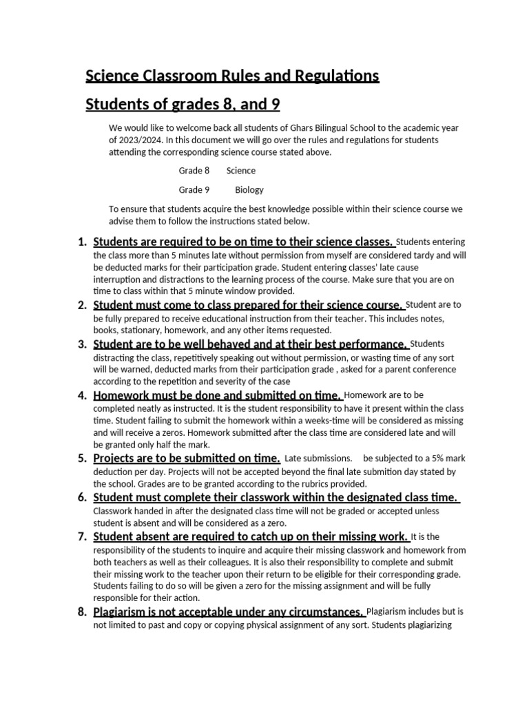 Science Classroom Rules and Regulations24 25 1 | PDF