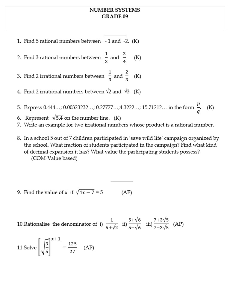 Grade 9 Number System Worksheet | PDF | Numbers | Rational Number