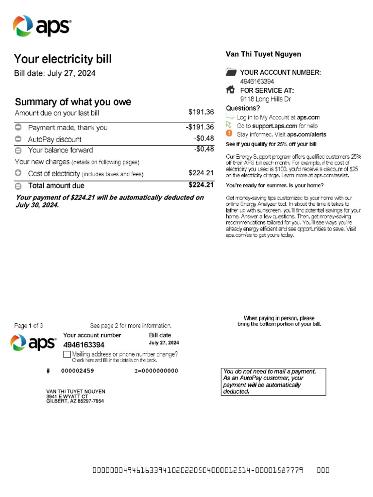 07 27 2024 APS Eletric Bill | PDF