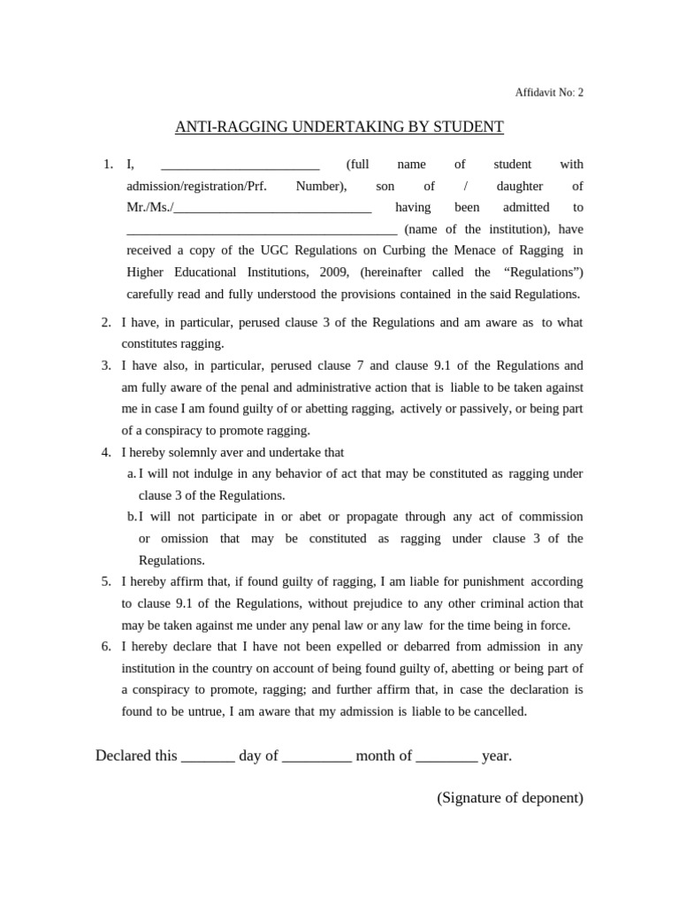 AFFIDAVIT - 02 - Anti-Ragging Undertaking by Student-24 | PDF