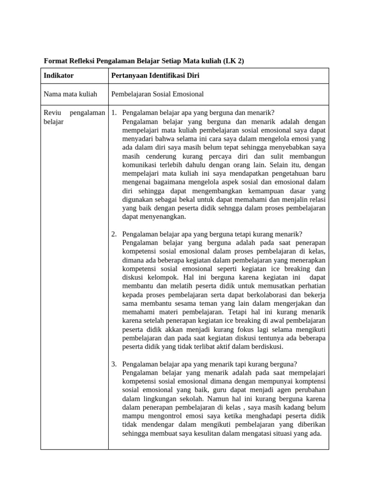 Format Refleksi - Pembelajaran Sosial Emosional | PDF