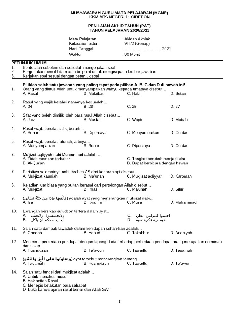 Soal PAT II Akidah Akhlak Kelas VIII - Edit | PDF