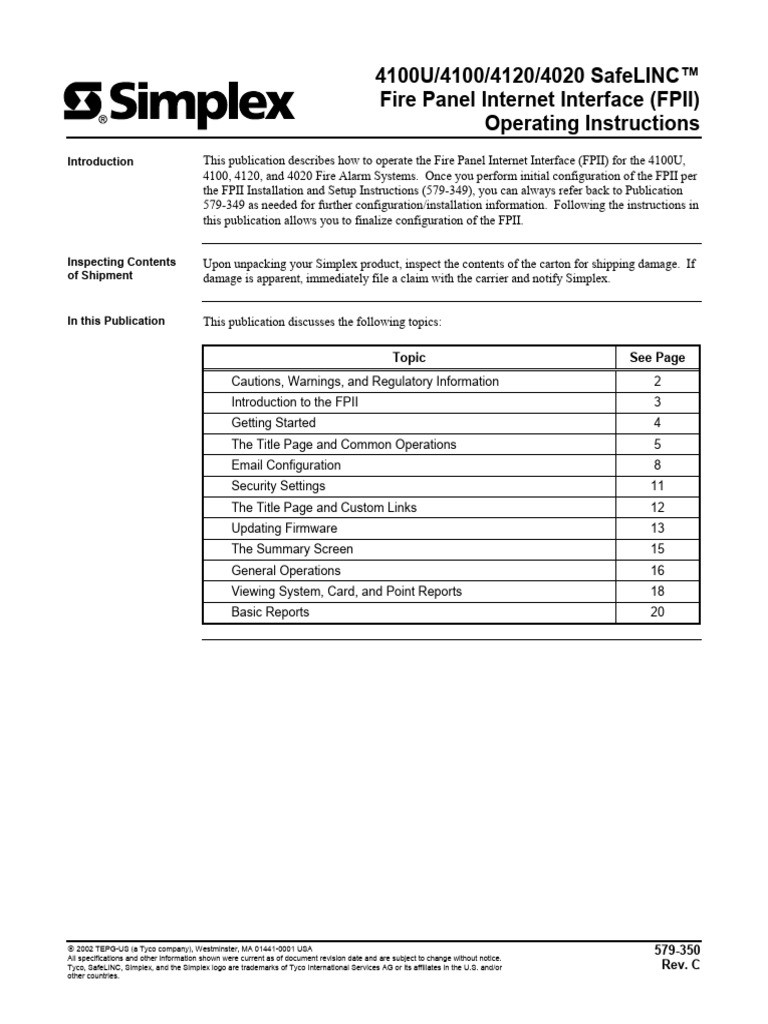 4100U/4100/4120/4020 Safelinc™ Fire Panel Internet Interface (Fpii ...
