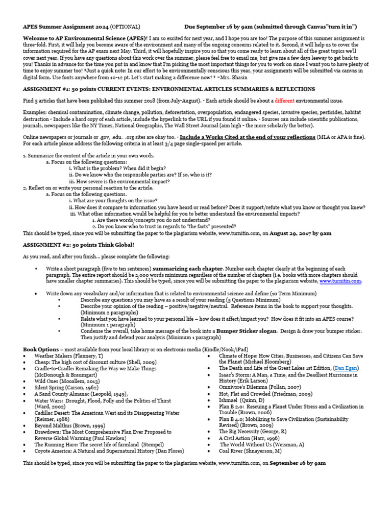 APESSummer Assignment 2024 | PDF | Plagiarism | Natural Environment