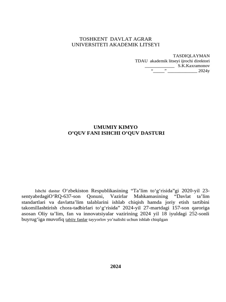 1-Qism 2024-2025 Umumiy Kimyo. Ishchi | PDF