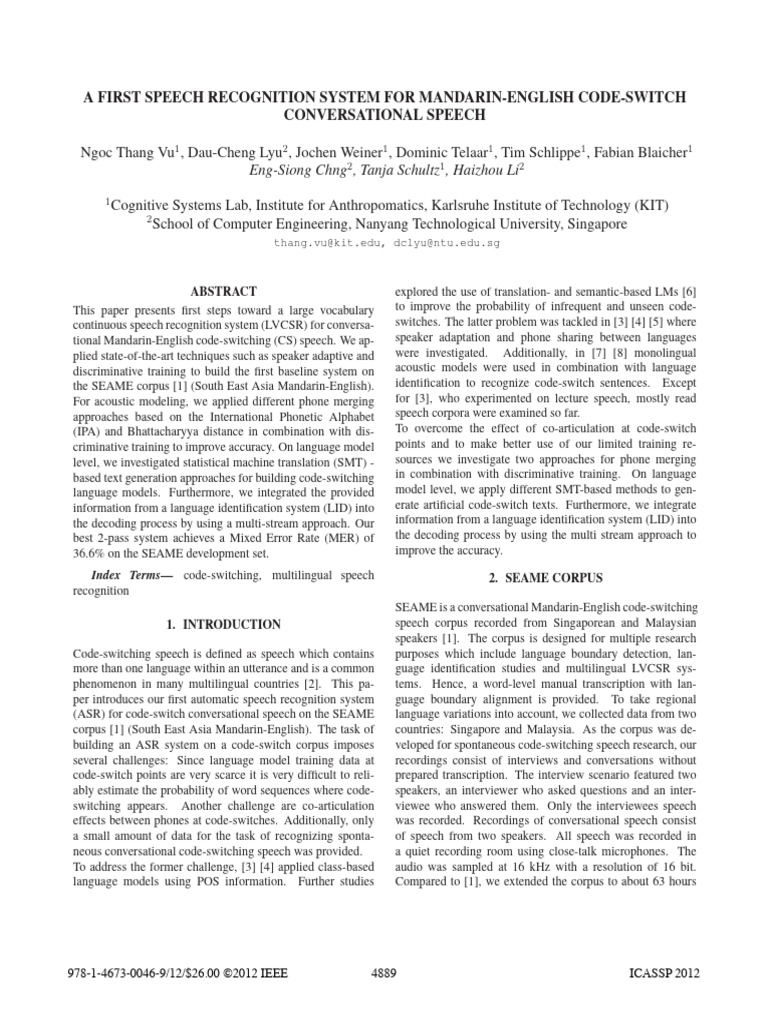 A First Speech Recognition System For Mandarin-English Code-Switch Conversational Speech | PDF
