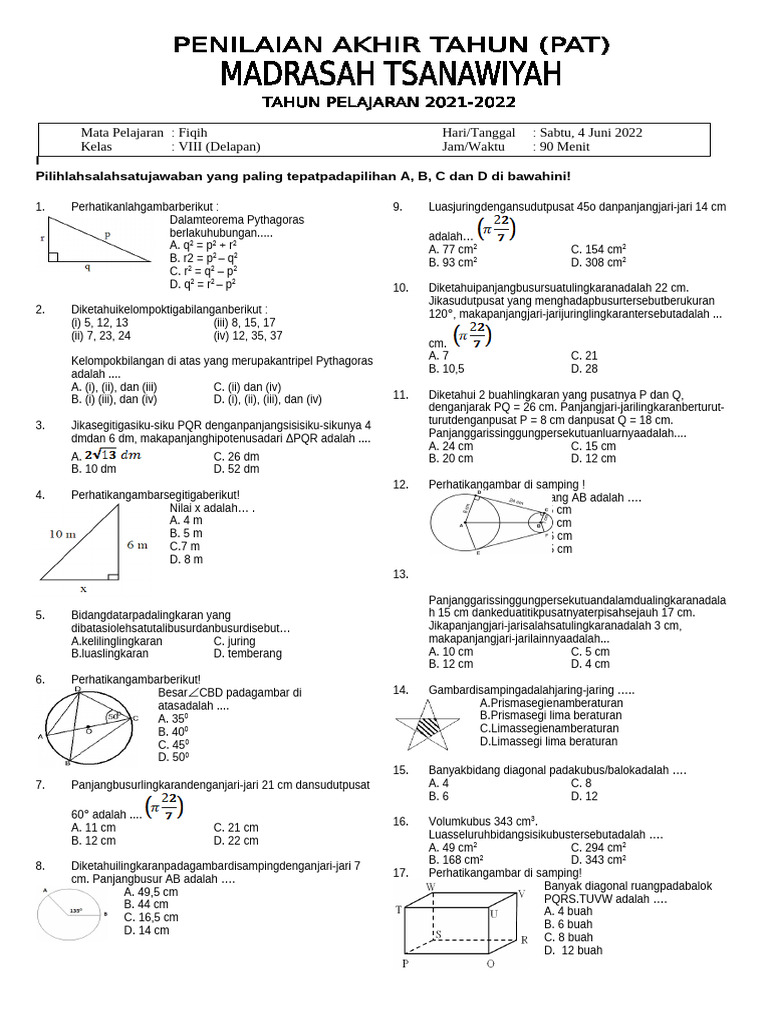 Soal PAT Matematika Kelas VIII 2021-2022 | PDF