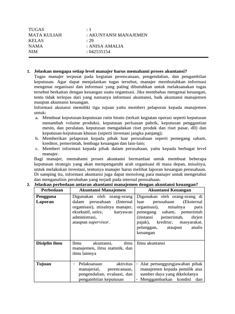 TUGAS 1 - Akuntansi Manajemen - Anisa Amalia | PDF