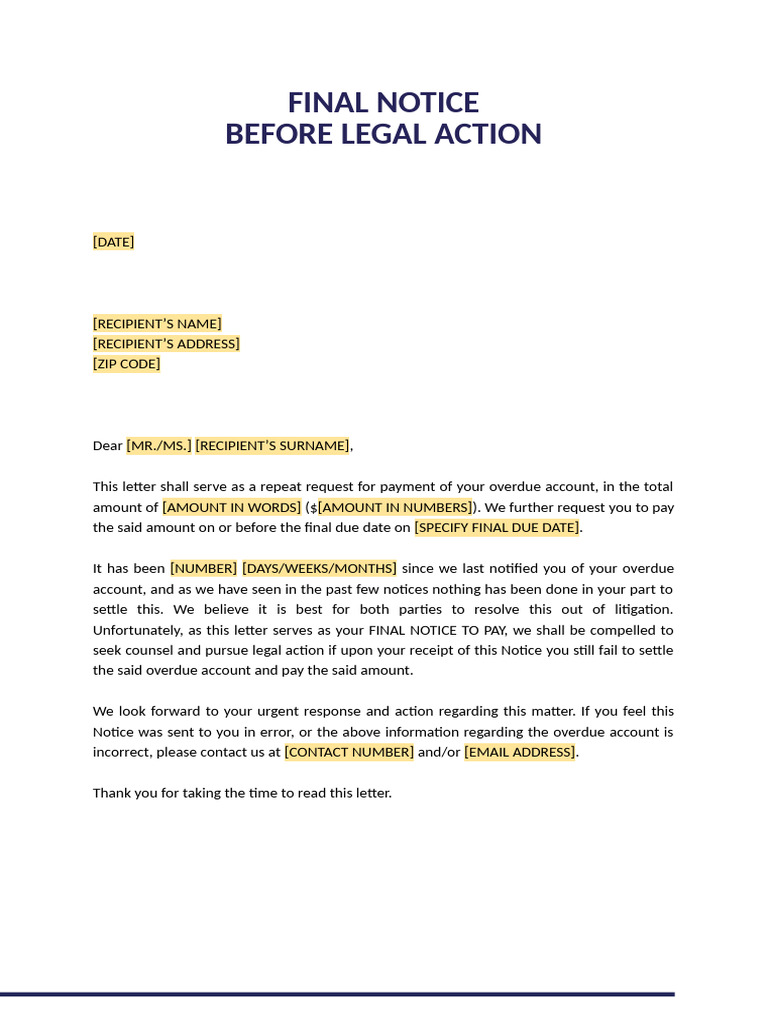Final Notice Before Legal Action | PDF