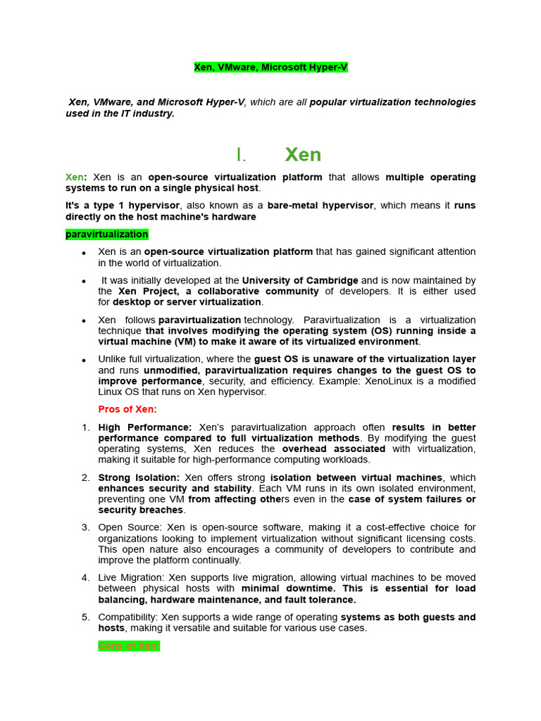 TYBCA UNIT 1 KVM Xen, Vmware Hypervisors | PDF