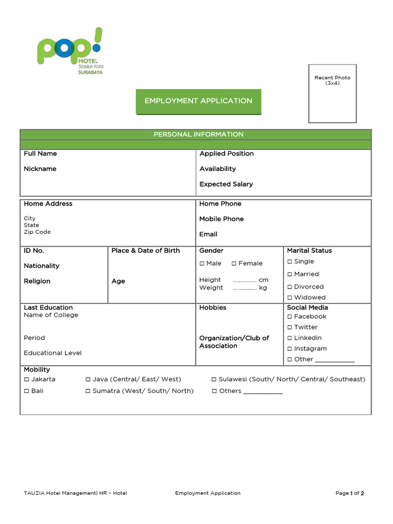 Employment Application Form - Hotel | PDF
