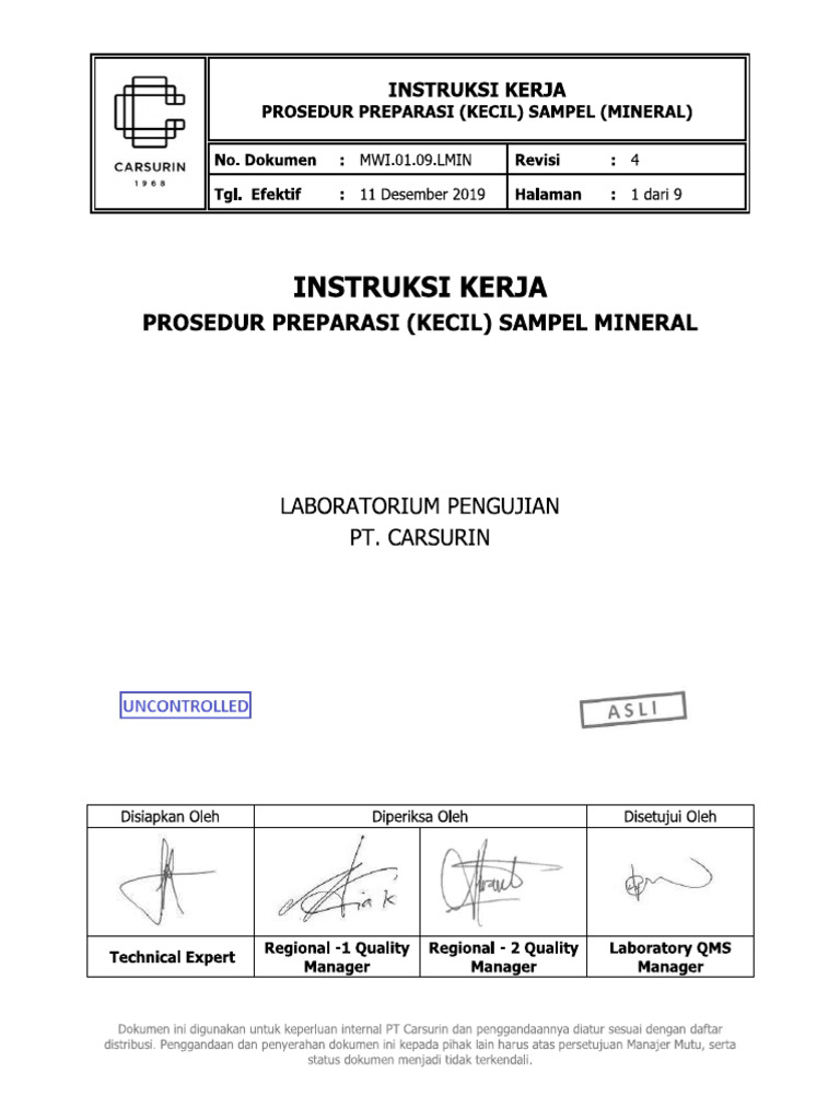 MWI.01.09.LMIN Instruksi Kerja Prosedur Preparasi (Kecil) Sampel Hantaran (Mineral) - Rev 4 | PDF