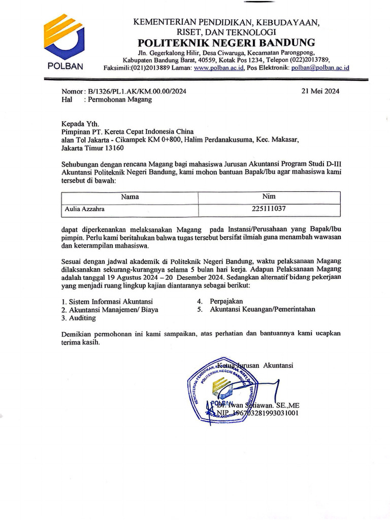 Surat Rekomendasi Kampus - Aulia Azzahra | PDF