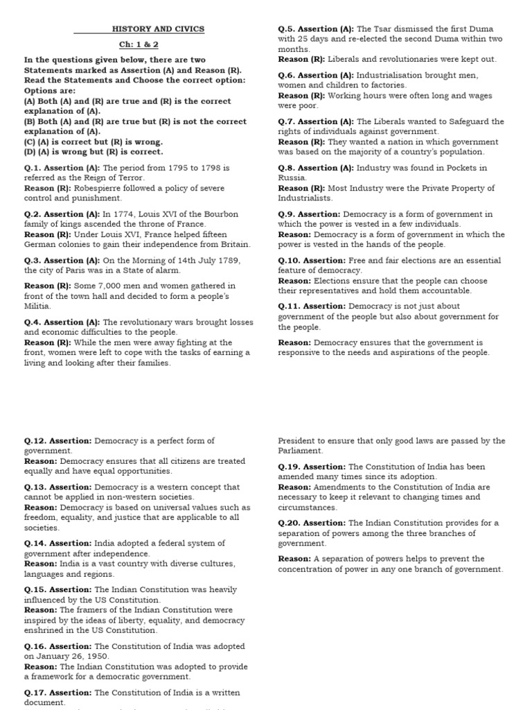 Assertion and Reason CH 1 and 2 HC Class 9 | PDF