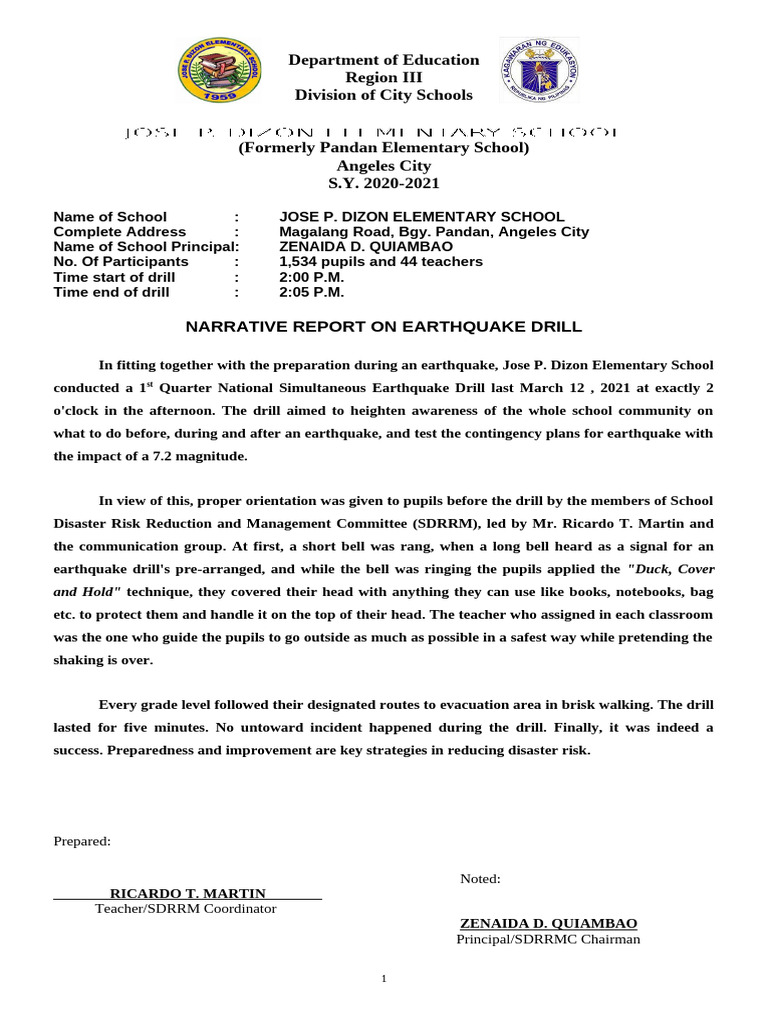 2017-2018 - NARRATIVE REPORT On Earthquake Drill | PDF