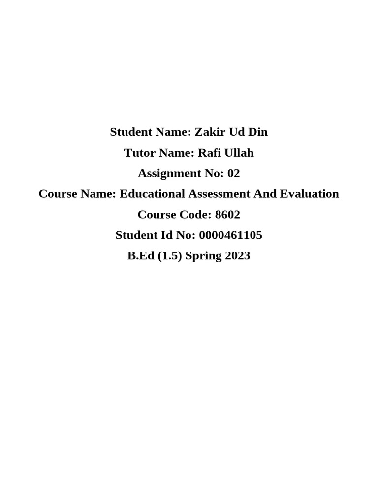 Assignment 2 (8602) Zakir Ud Din | PDF | Validity (Statistics) | Educational Assessment