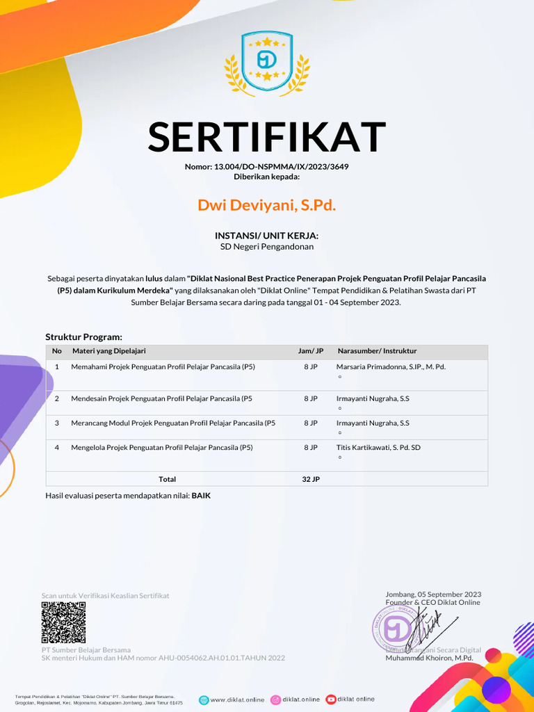 Sertifikat DwiDeviyaniSPd SDNegeriPengandonan | PDF
