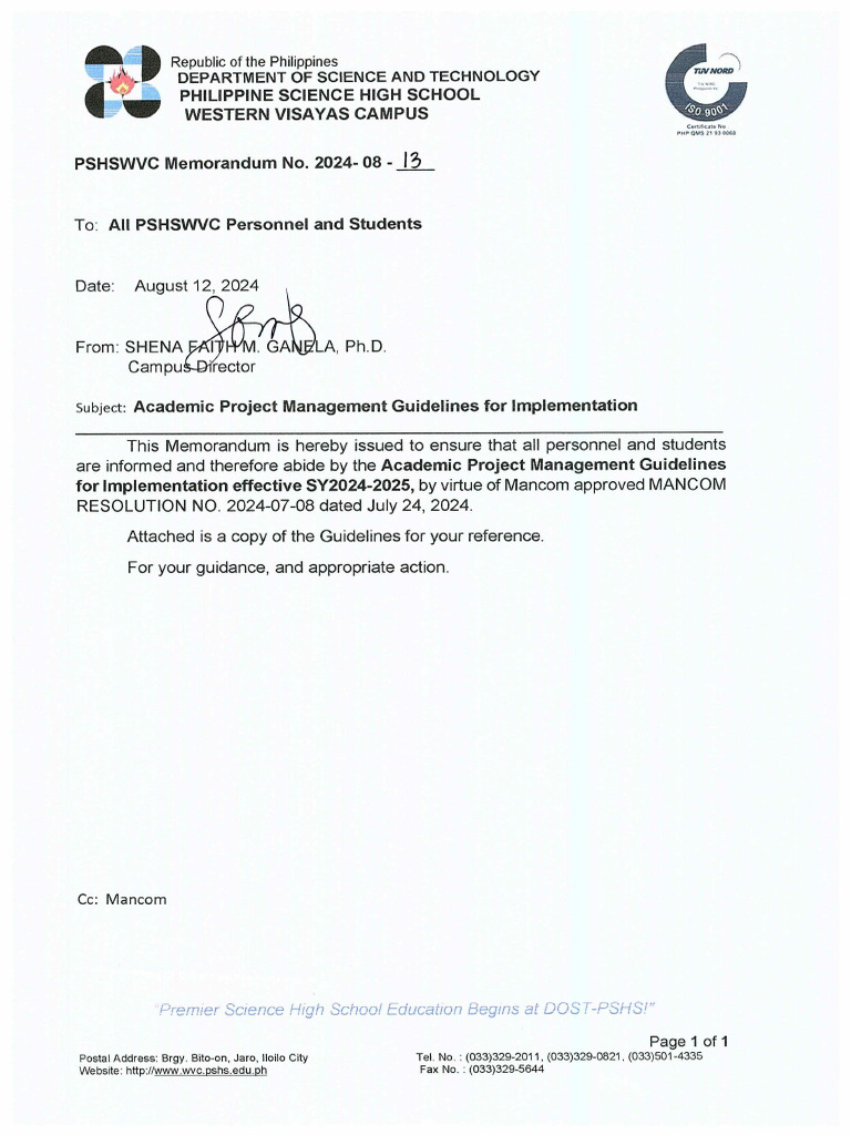 Memo No. 2024 08 13 Academic Project Management Guidelines For ...