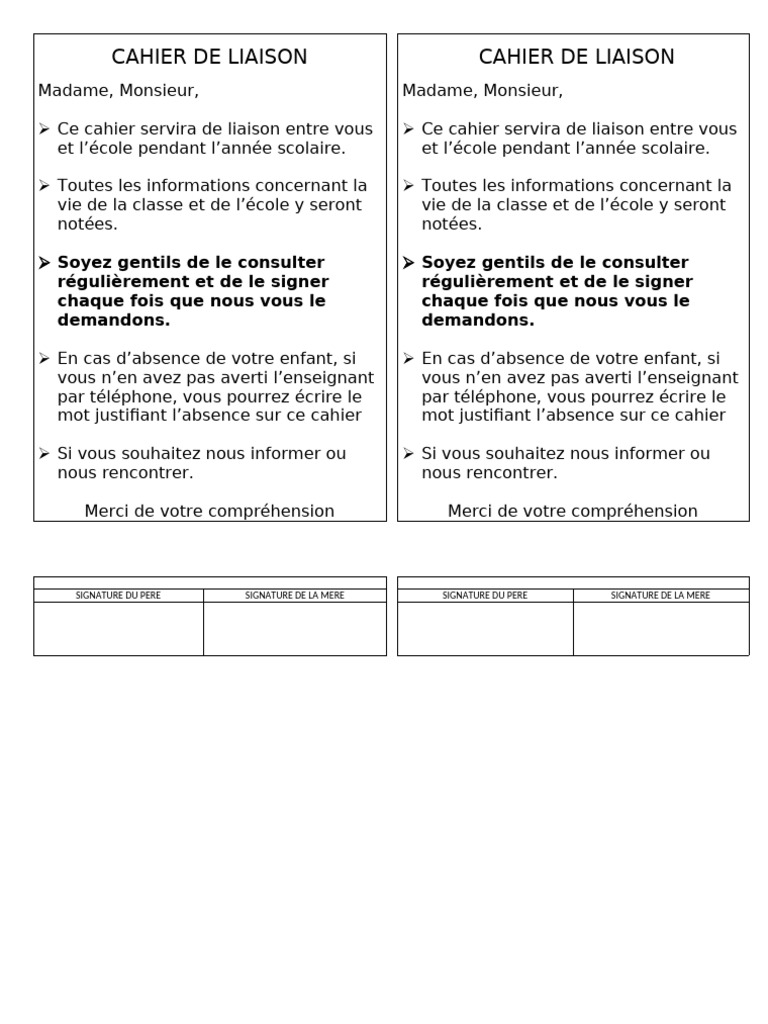 Cahier de Liaison | PDF
