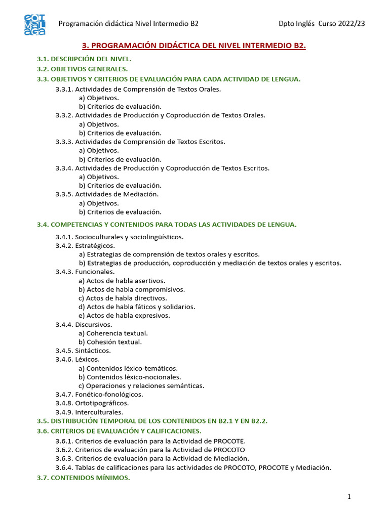 Programación Didáctica. Inglés B2 | PDF