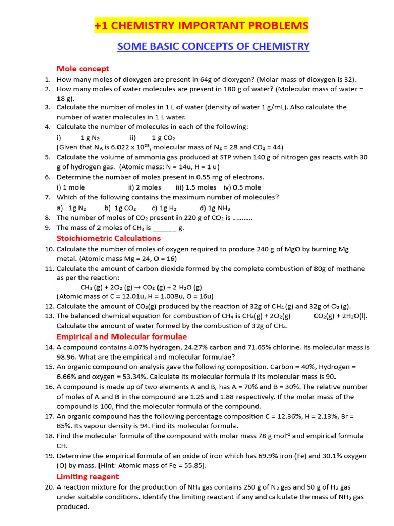 +1 Chemistry Problems Form Previous Hse Questions | PDF