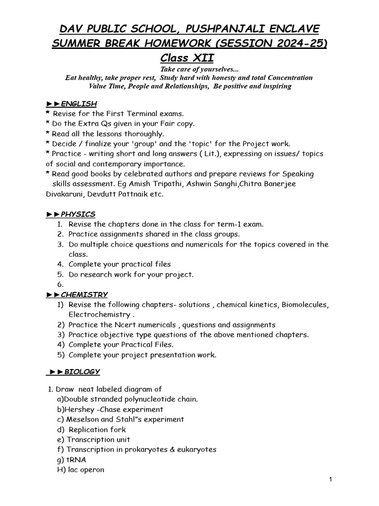 Class Xii Summer Break HW (Session 2024-25) | PDF