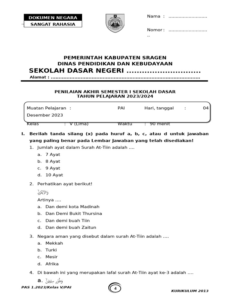 Soal Pas Pai Kelas V SMT 1 | PDF
