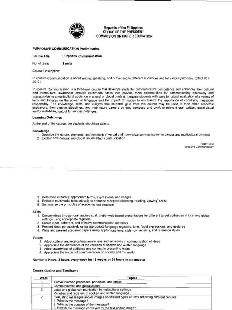 Purposive Communication CHED Syllabus | PDF