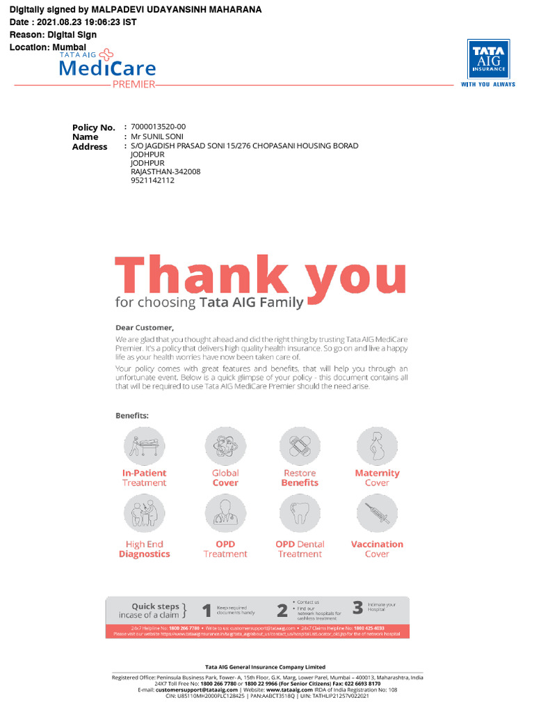 Tata AIG Medical Insurance Policy | PDF