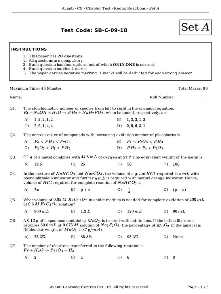 Redox Reaction Practice Test | PDF