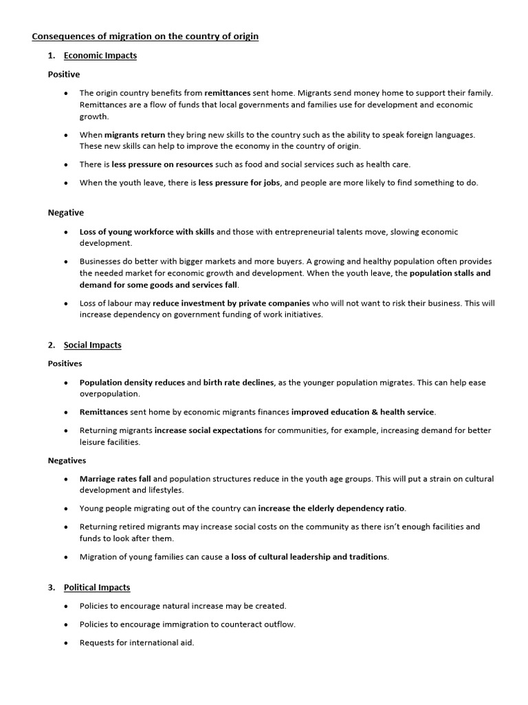 Consequences of Migration On Origin and Destnation Countries - Notes | PDF