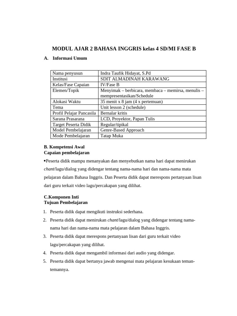 Modul Ajar Unit 2 Bahasa Inggris Kelas 4 SD Pak Indra | PDF