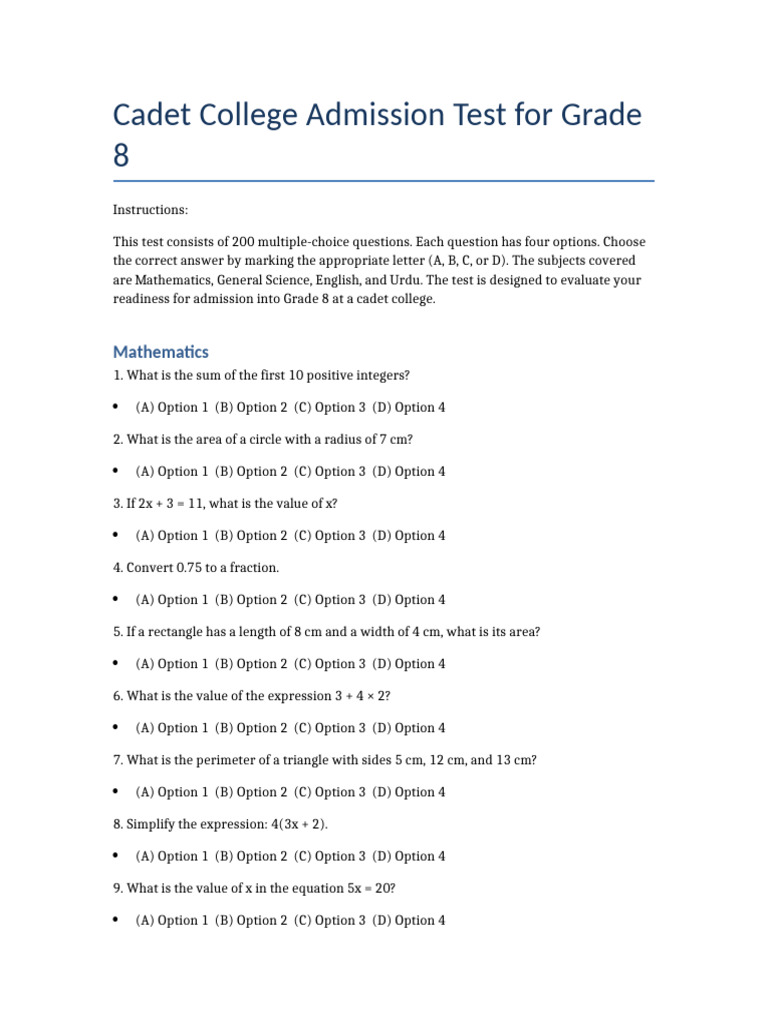 Cadet College Admission Test For Grade 8 Set 2 | PDF | Area ...