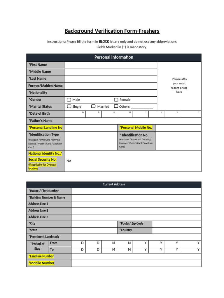 Background Verification Form - Fresher | PDF