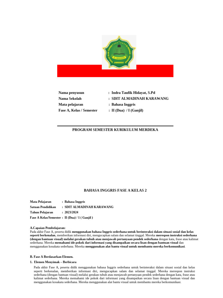 Prosem Kurikulum Merdeka Bahasa Inggris Kelas 2 SD Pak Indra | PDF