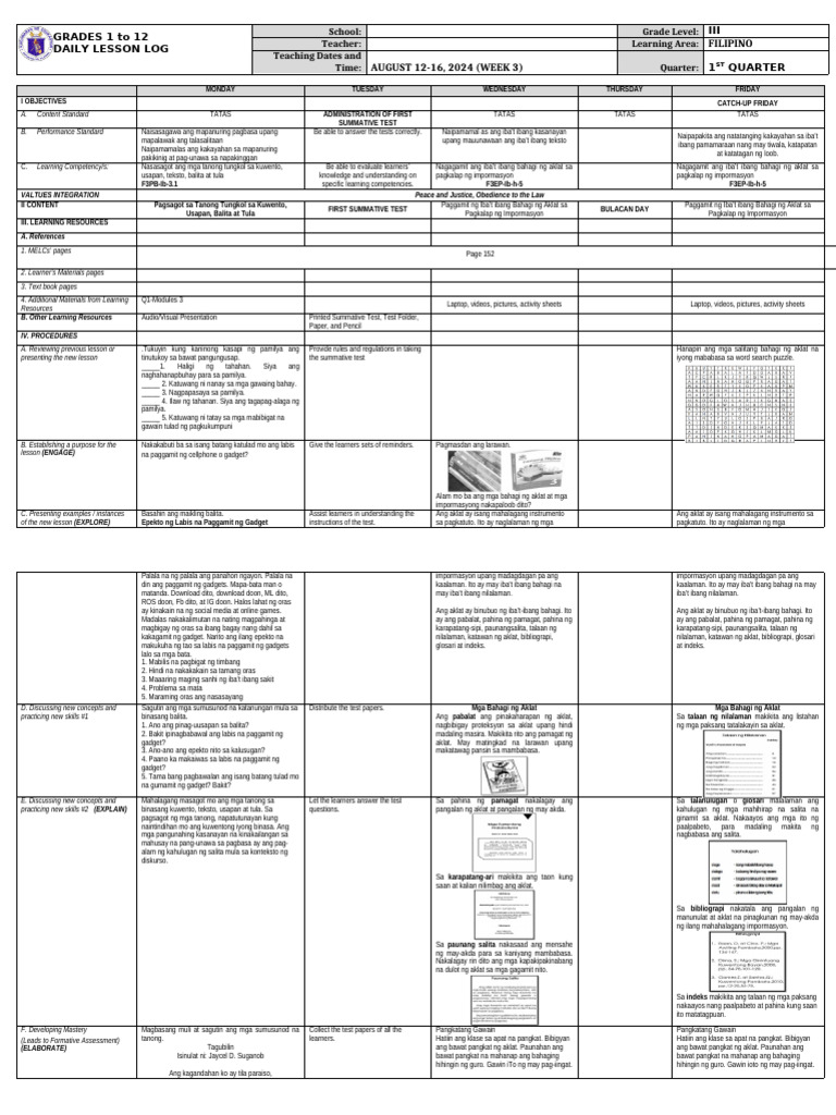 DLL Filipino-3 Q1 W3 | PDF