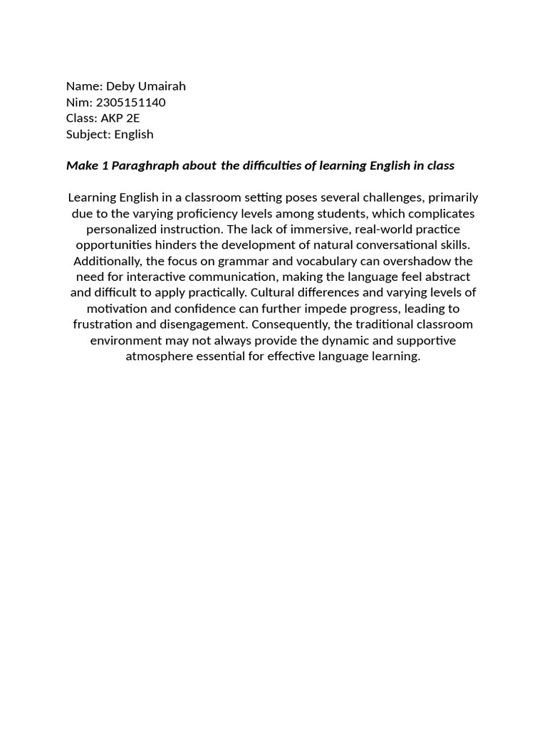 Difficulties of Learning English in Class. | PDF