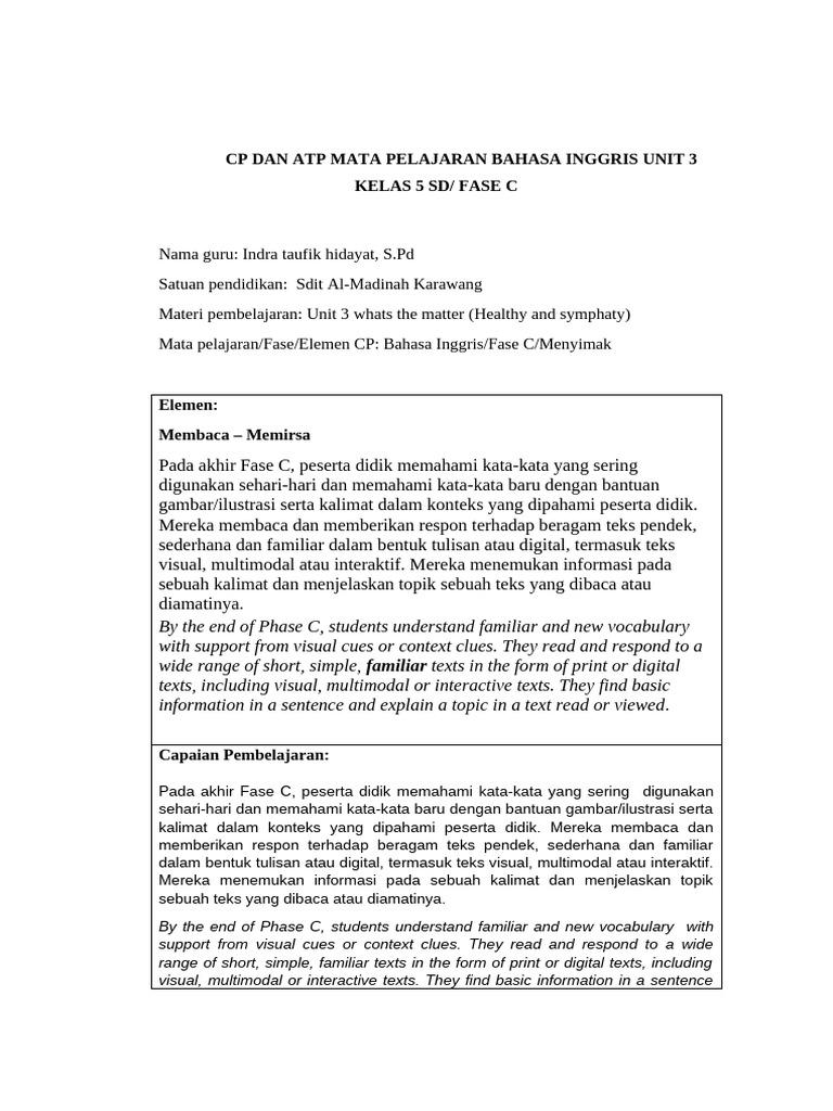 CP Dan Atp Mata Pelajaran Bahasa Inggris Unit 3 Kelas 5 SD Pak Indra | PDF