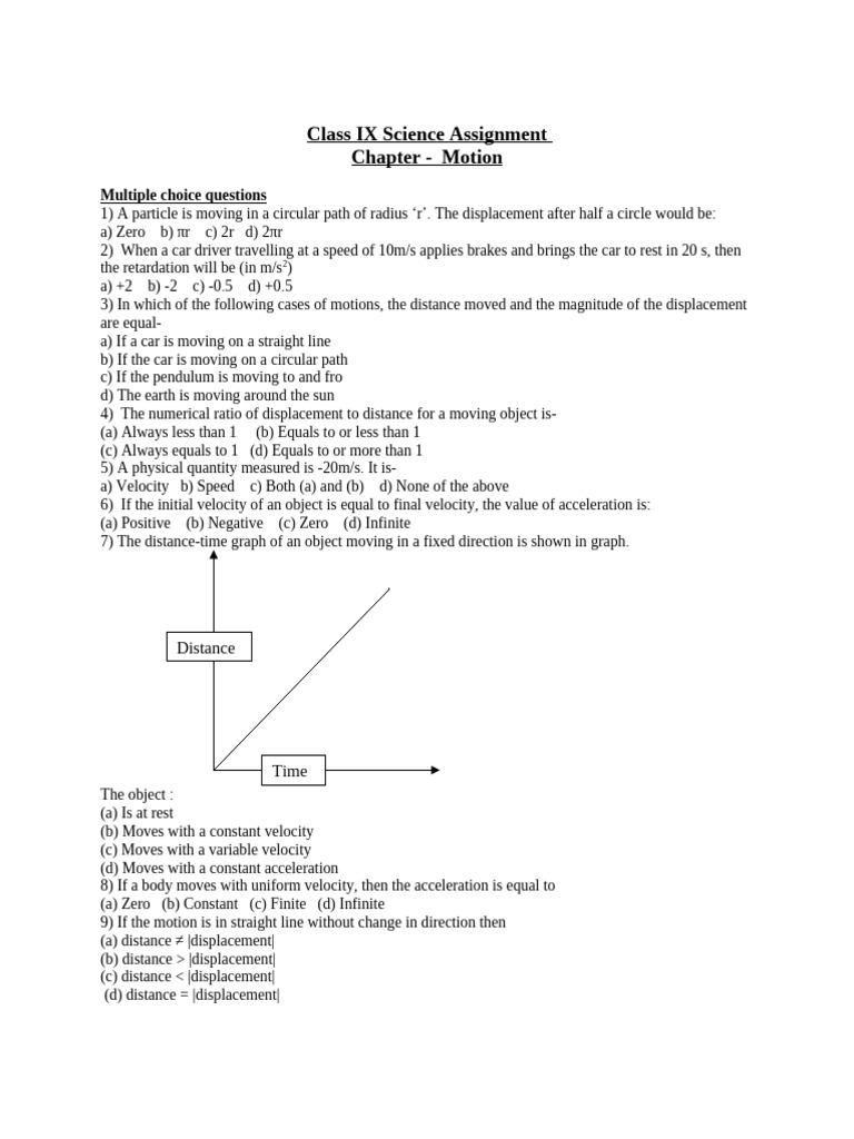 Class IX Motion Assignment MCQs | PDF | Velocity | Acceleration