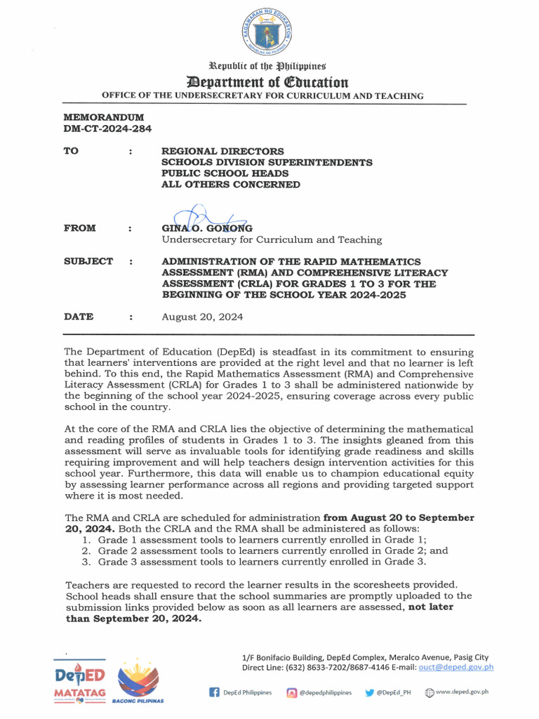 OM CT 2024 284 Administration of CRLA and RMA For BOSY 2024 2025 | PDF