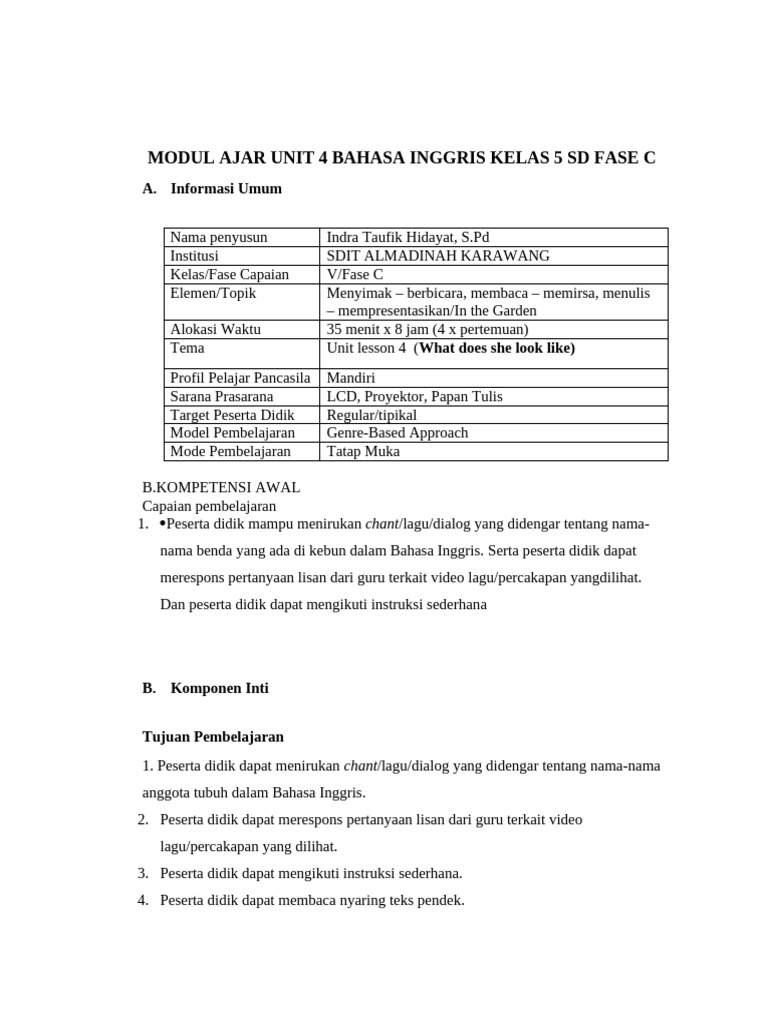 Modul Ajar Unit 4 Bahasa Inggris Kelas 5 SD Pak Indra | PDF