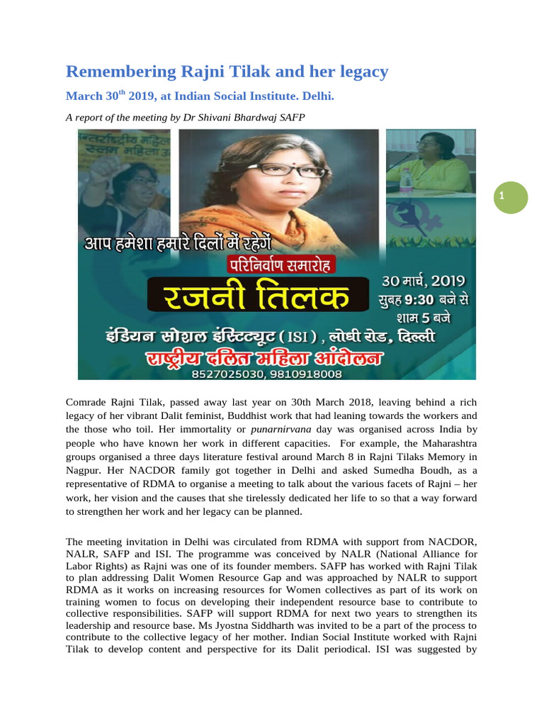 Rajni Tilak's Legacy | PDF