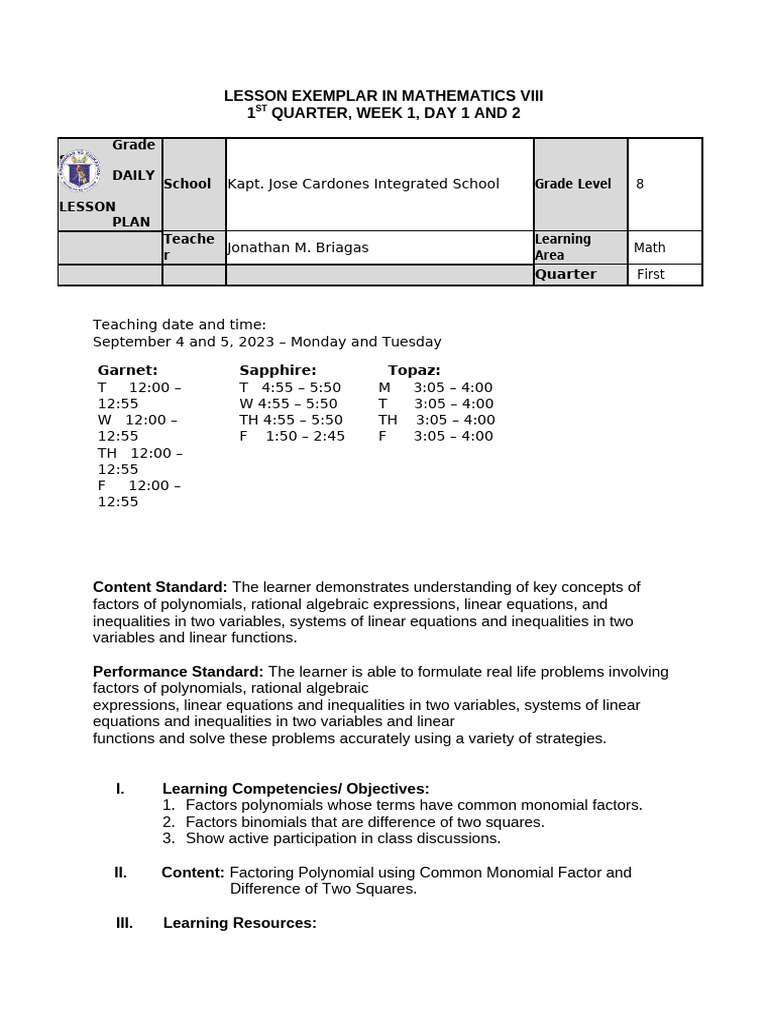 DLP Math 8 Q1 W1 D 1 - 5 (September 4 - 8, 2023) | PDF | Factorization | Teaching Methods ...