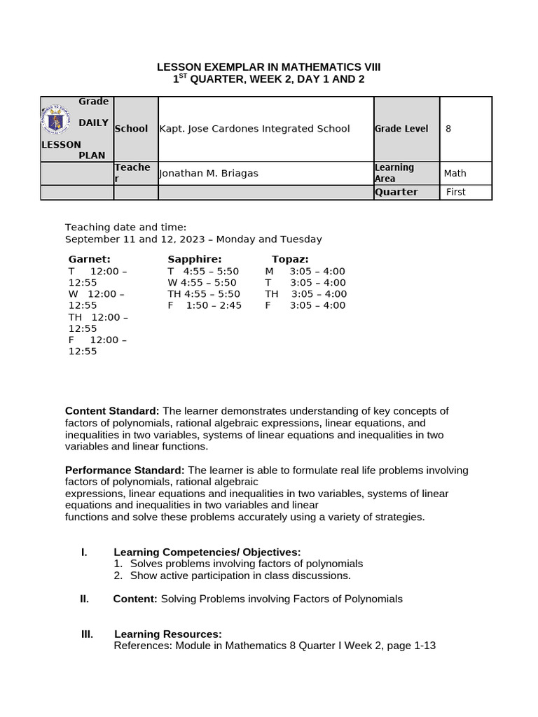DLP Math 8 Q1 W2 D 1 - 5 (September 11 - 15, 2023) | PDF