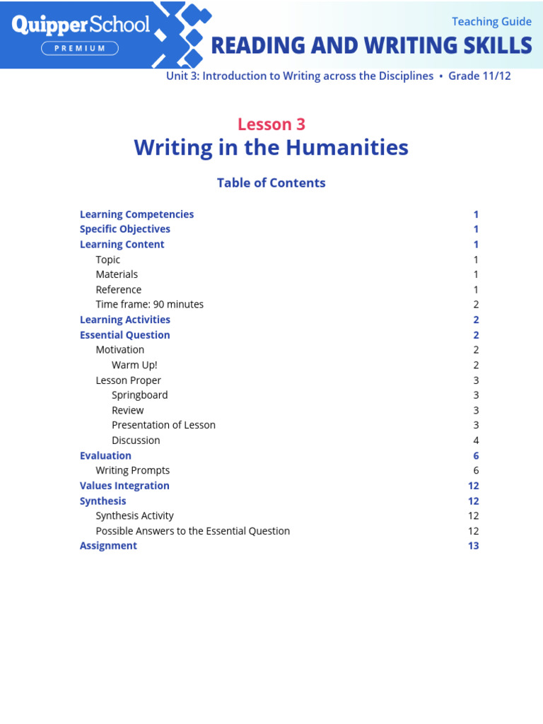 PDF (TG) - RW 11 - 12 - Unit 3 - Lesson 3 - Writing in The Humanities | PDF | Humanities | A ...