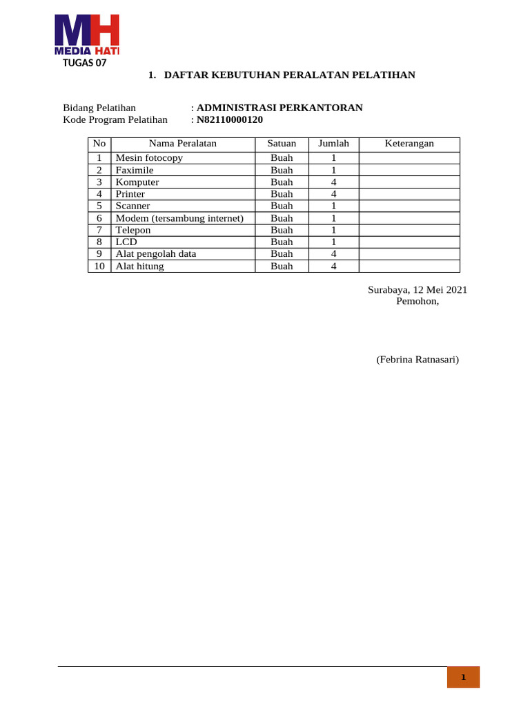 Contoh Tugas Mengelola Peralatan Pelatihan | PDF