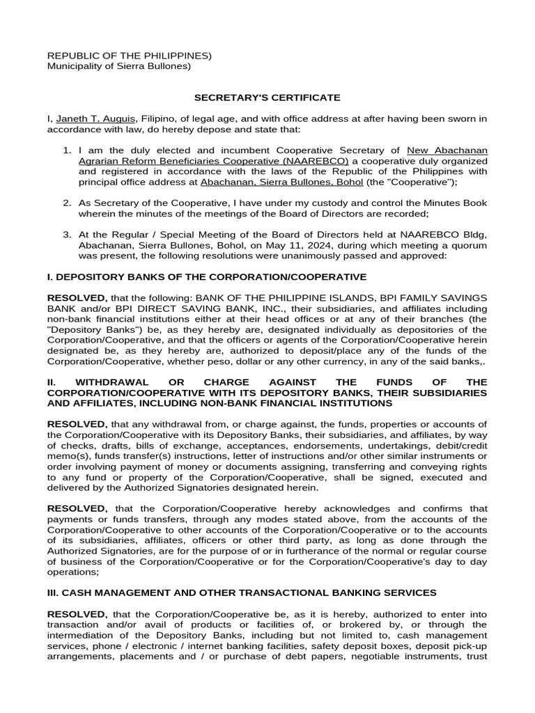 Secretary Certficate - Bpi Template | PDF